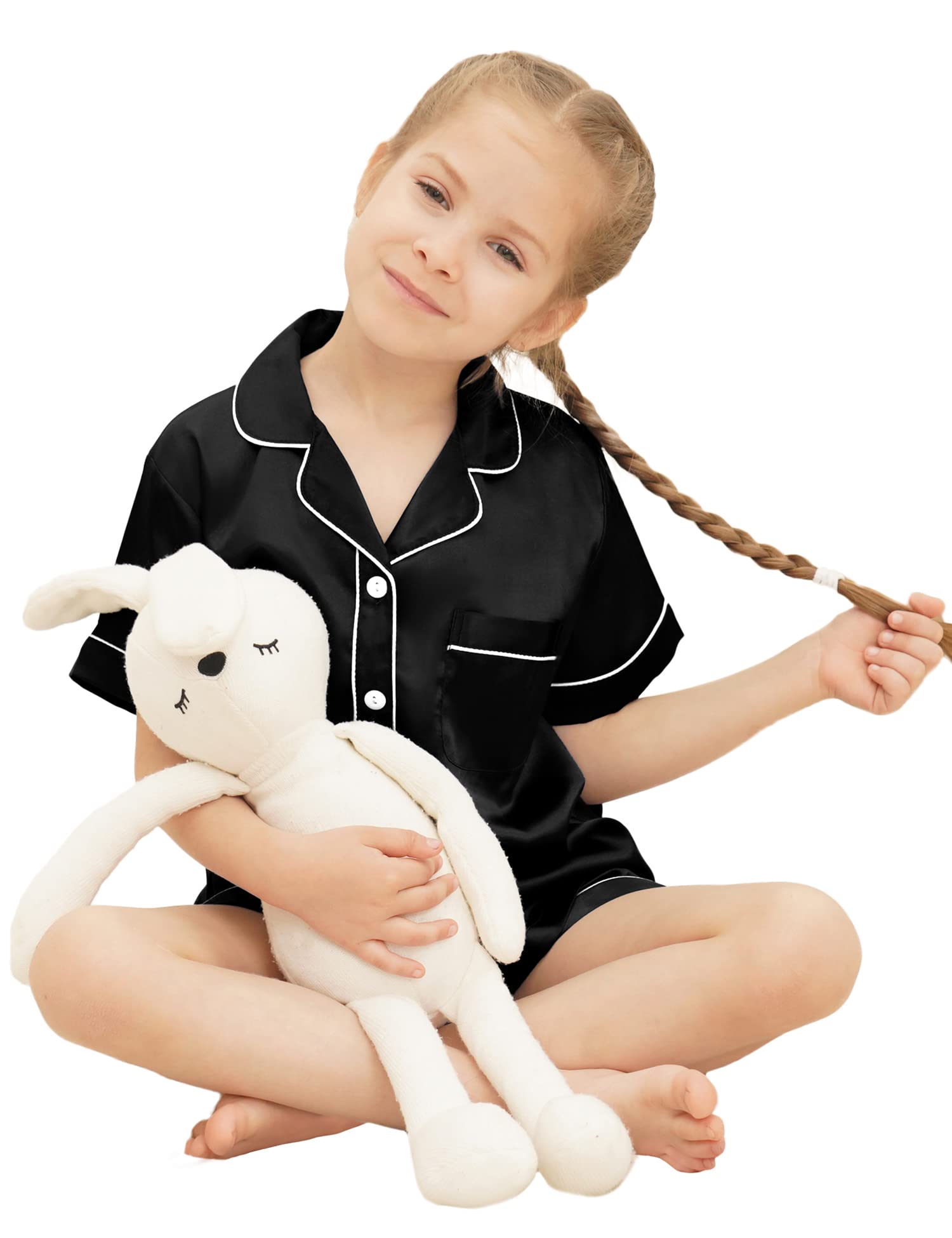 SWOMOG Kids Silk Satin Pajamas Set Girls Boys Button-Down Sleepwear Short Sleeve 2 Piece PJs Sets Lounge Sets Black 120 CM