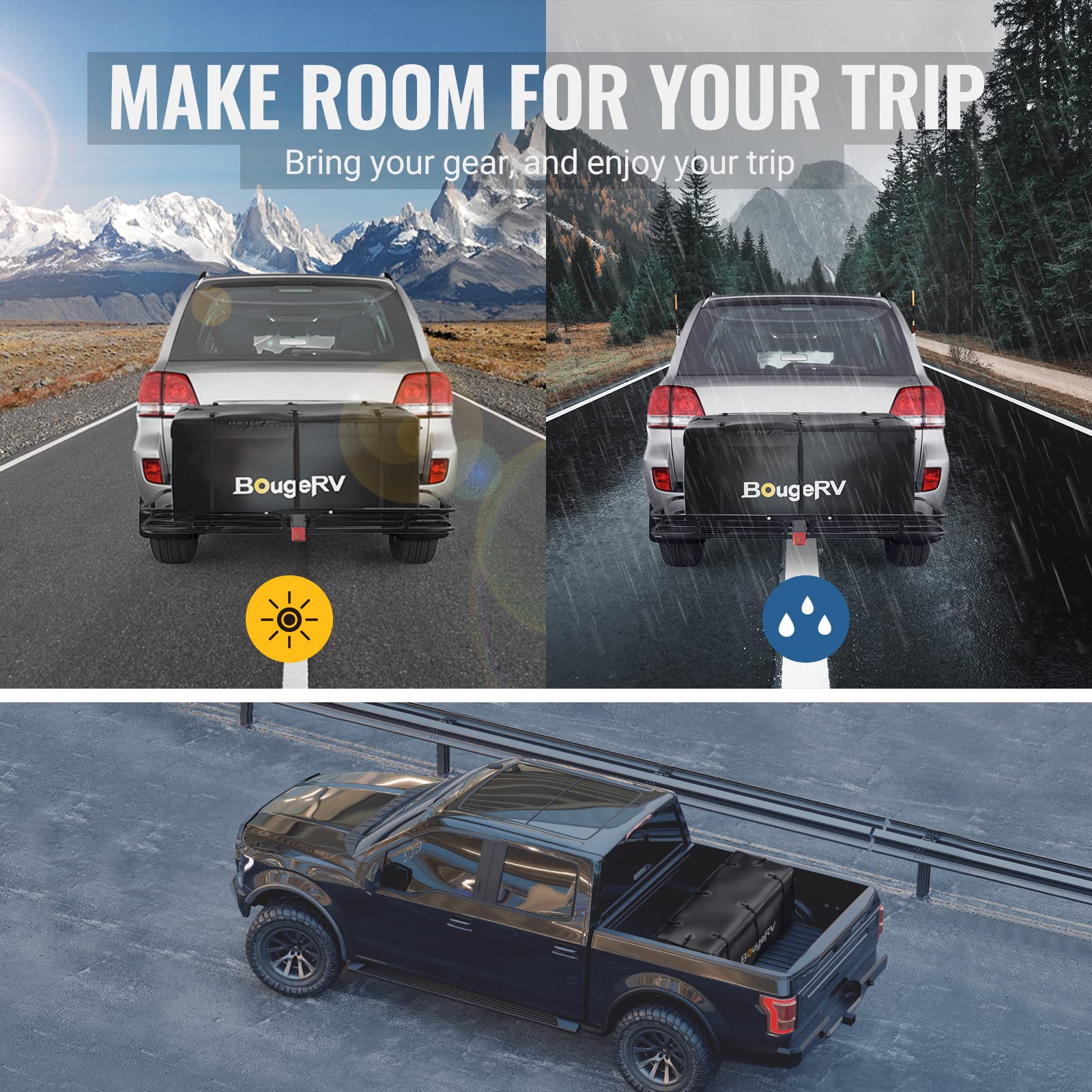 BougeRV Hitch Cargo Carrier Bag with Lock Waterproof Soft Shell 20 Cubic Feet (59" 24" 24") Cargo Bag for Hitch Carrier Include 8 Reinforced Straps for Truck Pickup RV All SUV with Hitch Cargo Basket