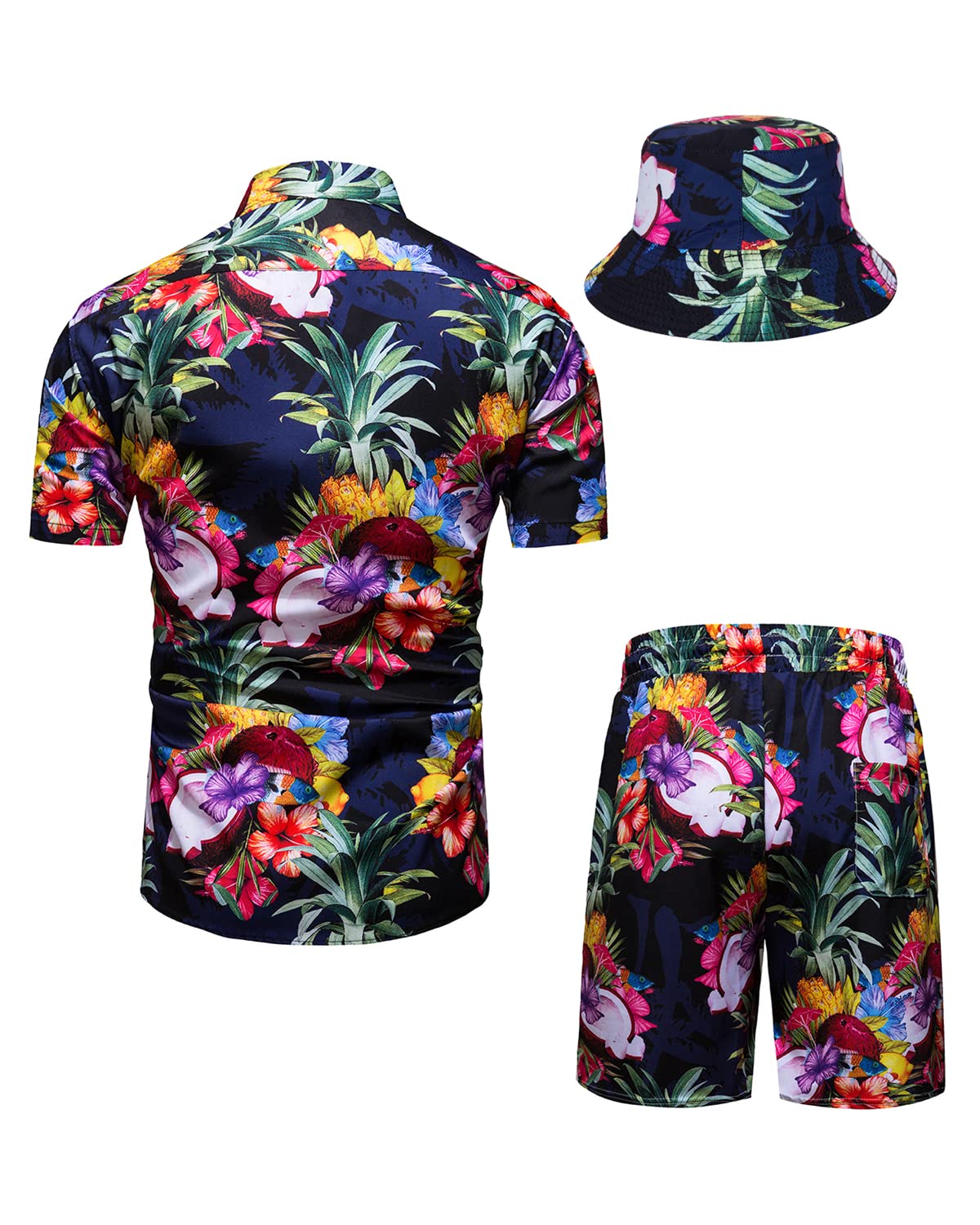 TUNEVUSE Mens Hawaiian Shirts and Shorts Set 2 Pieces Tropical Outfits Pineapple Printed Beach Shirt Suit with Bucket Hats Navy 3X-Large