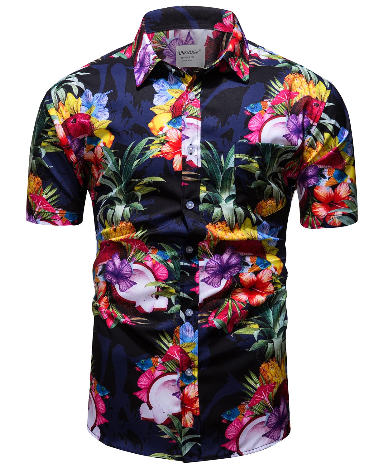 TUNEVUSE Mens Hawaiian Shirts and Shorts Set 2 Pieces Tropical Outfits Pineapple Printed Beach Shirt Suit with Bucket Hats Navy 3X-Large