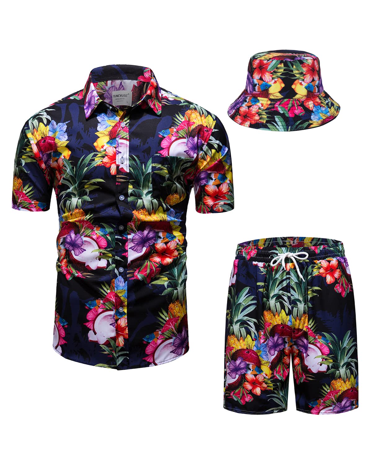 TUNEVUSE Mens Hawaiian Shirts and Shorts Set 2 Pieces Tropical Outfits Pineapple Printed Beach Shirt Suit with Bucket Hats Navy 3X-Large