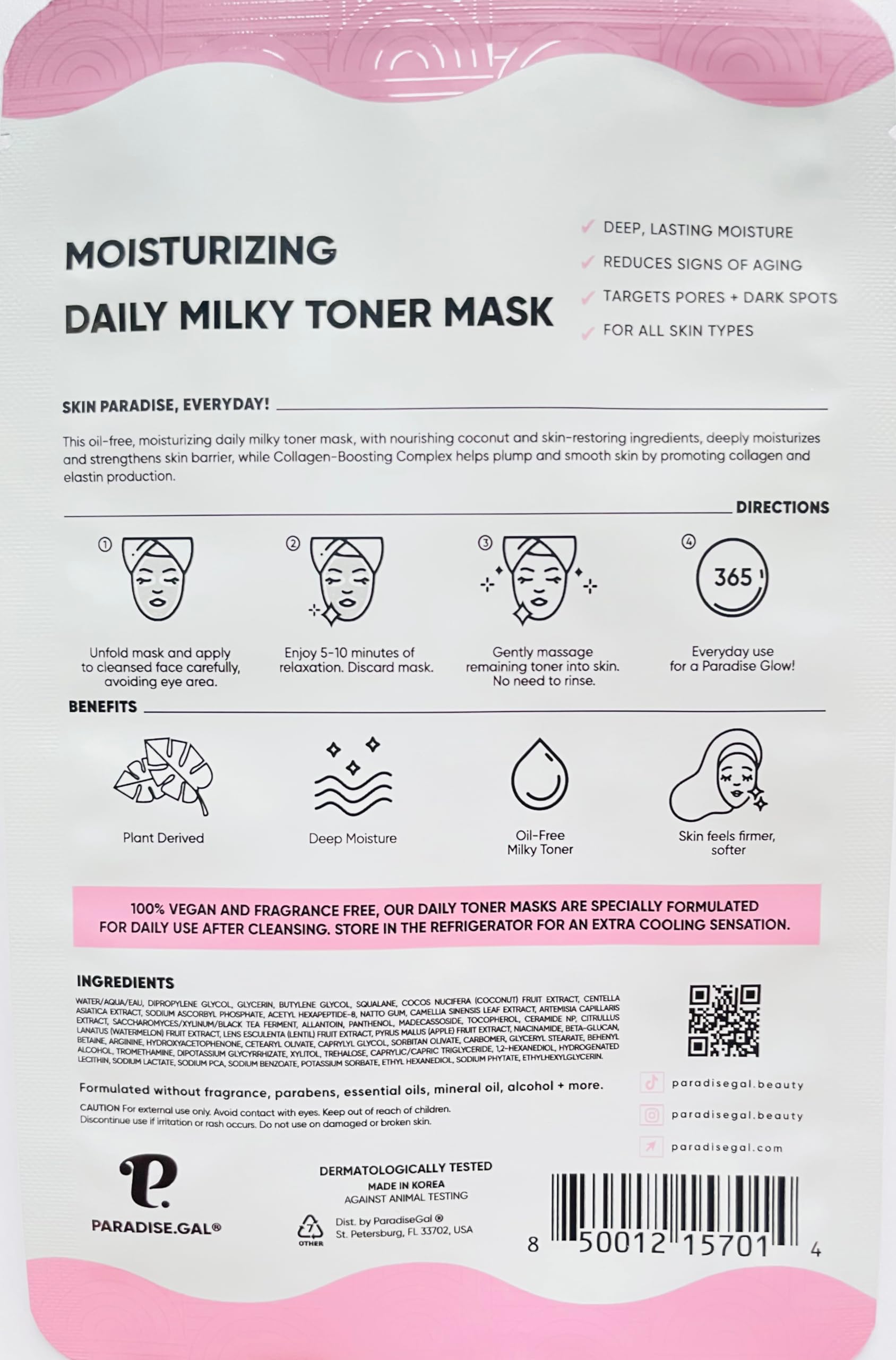 ParadiseGal Moisturizing Face Masks (10-Pack) Korean Skincare Infused with Collagen, Coconut, Acetyl Hexapeptide-8, Niacinamide & Ceramide - Hydrating Solution for Dry Skin