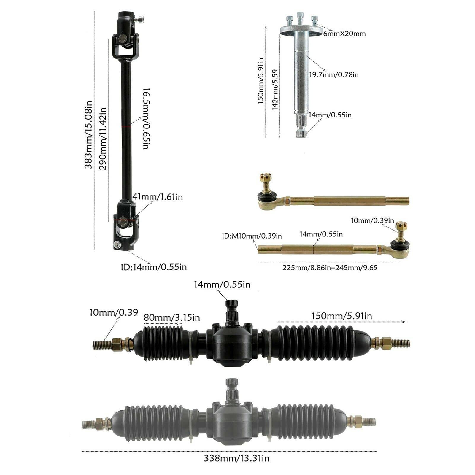 TDPROMOTO Steering Wheel Steel Kit Gear Rack Pinion Adjustable Shaft Set Replacement for 110cc Go Kart
