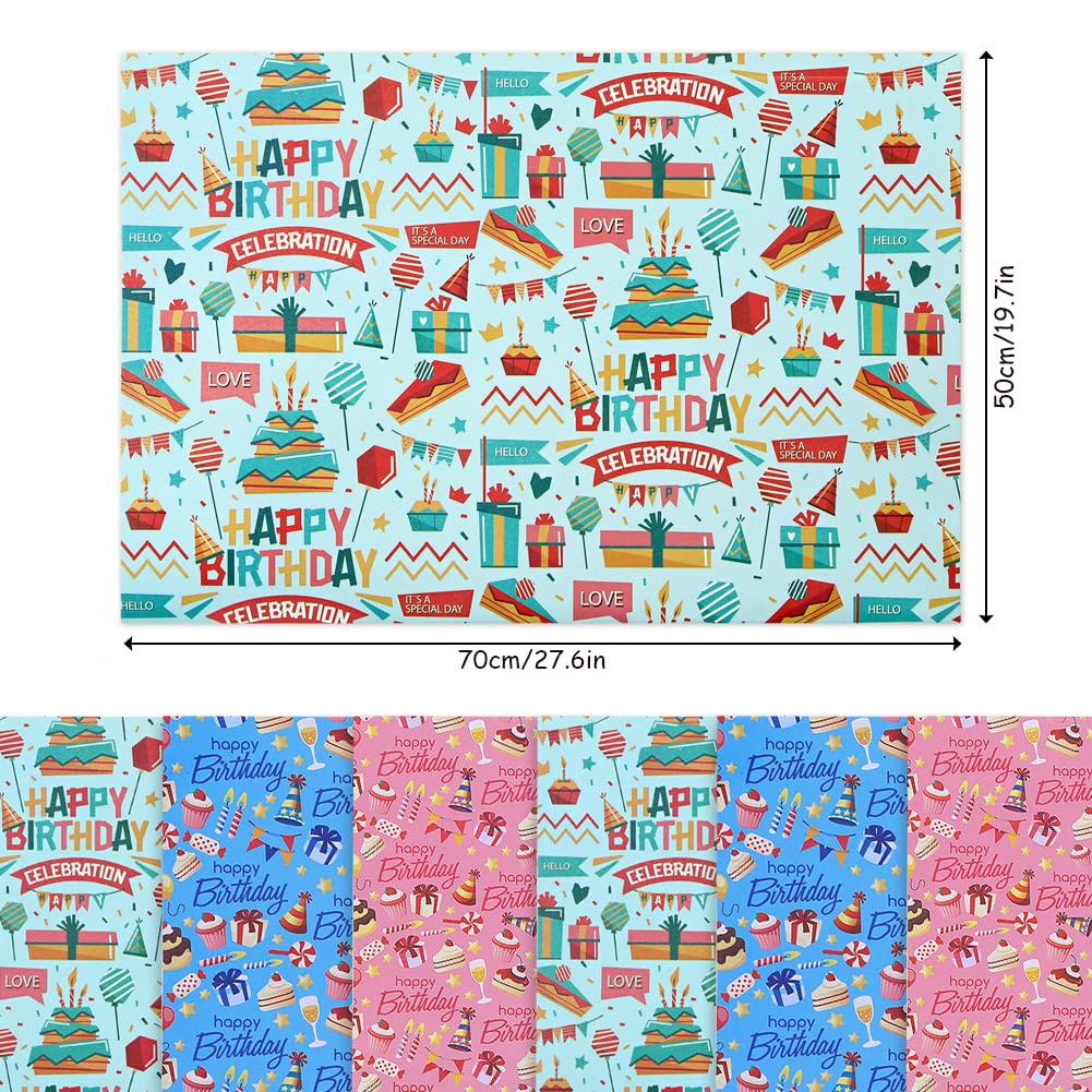 6 Pieces Happy Birthday Wrapping Paper for Kids Boys Girls, Cute Cartoon Design Gift Wrap Paper Sheets, Folded Flat Gift Wrapping Paper 20x 28 inches per Sheet in 3 Different Patterns
