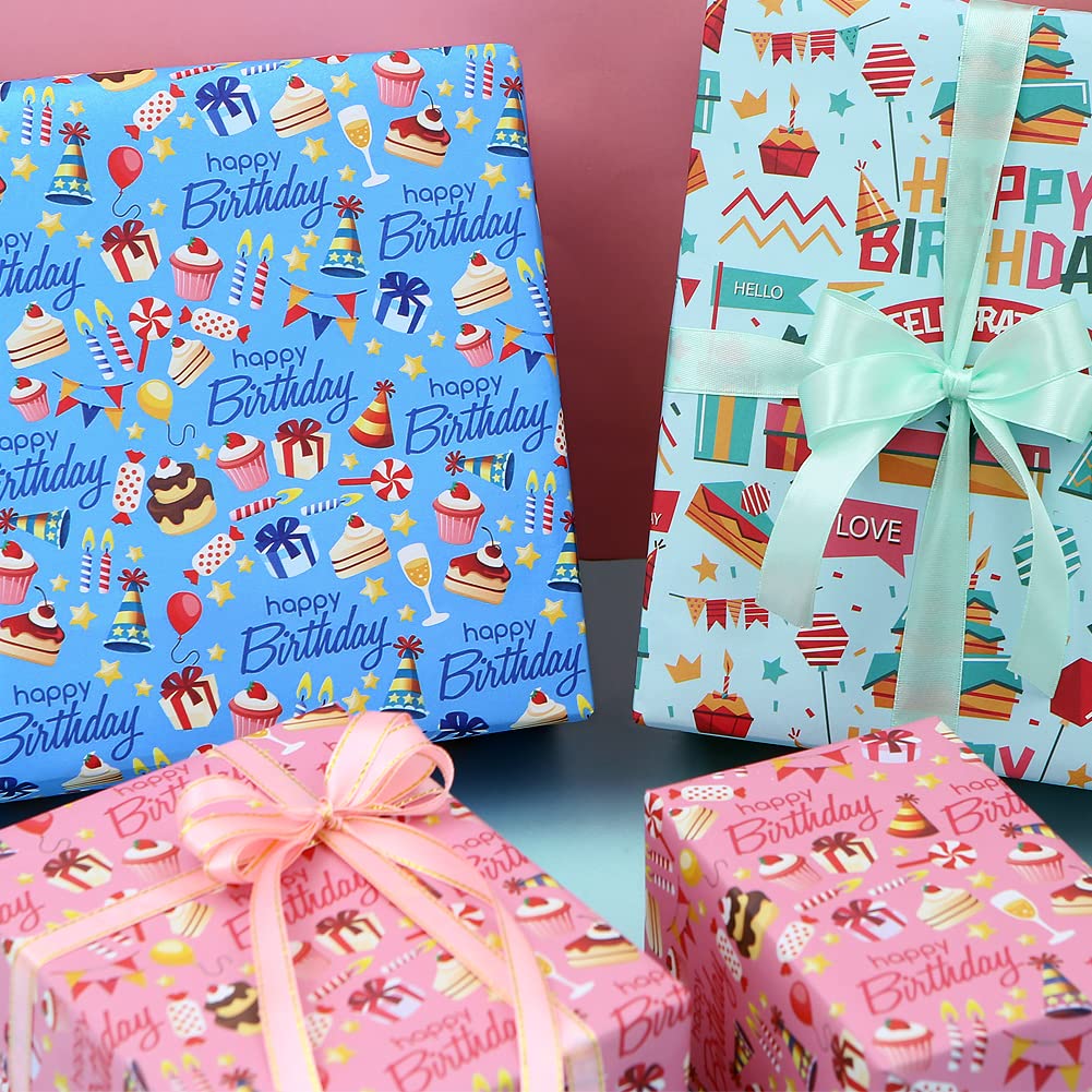 6 Pieces Happy Birthday Wrapping Paper for Kids Boys Girls, Cute Cartoon Design Gift Wrap Paper Sheets, Folded Flat Gift Wrapping Paper 20x 28 inches per Sheet in 3 Different Patterns