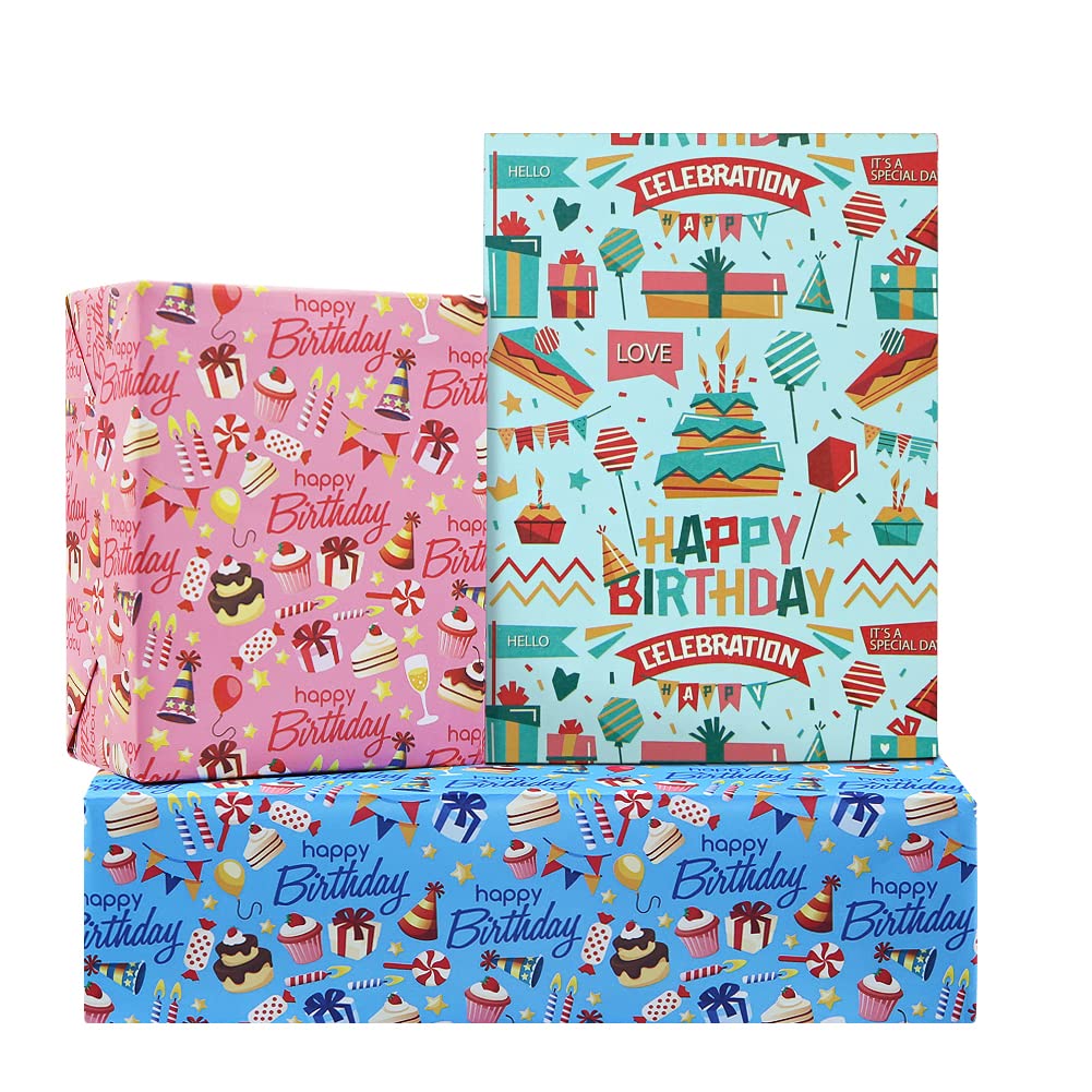 6 Pieces Happy Birthday Wrapping Paper for Kids Boys Girls, Cute Cartoon Design Gift Wrap Paper Sheets, Folded Flat Gift Wrapping Paper 20x 28 inches per Sheet in 3 Different Patterns