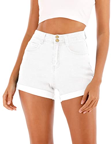 Cuihur Women's Ripped High Waisted Rolled Hem Stretchy Casual Short Jeans Ripped Denim for Juniors White S