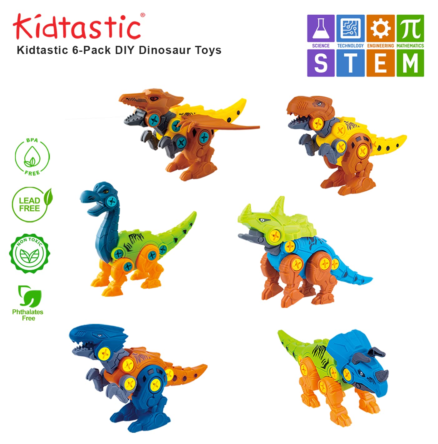 Kidtastic 6 Pack DIY Dinosaur Toys for kids 3-6, STEM Learning Dinosaurs PlaySet for Toddlers, Sensory Learning Play for Autism, Fun Outdoor Educational Gift