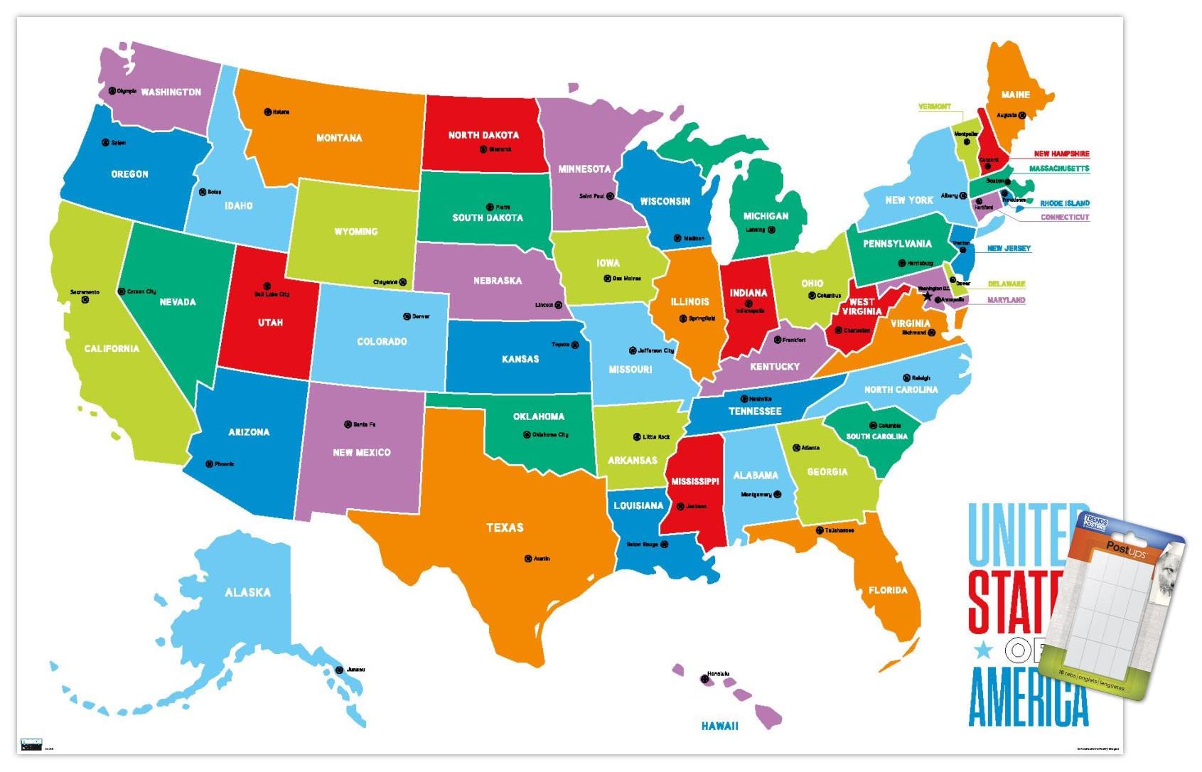 Trends International Map - United States Of America 2022 Wall Poster, 22.375" x 34", Poster & Mount Bundle