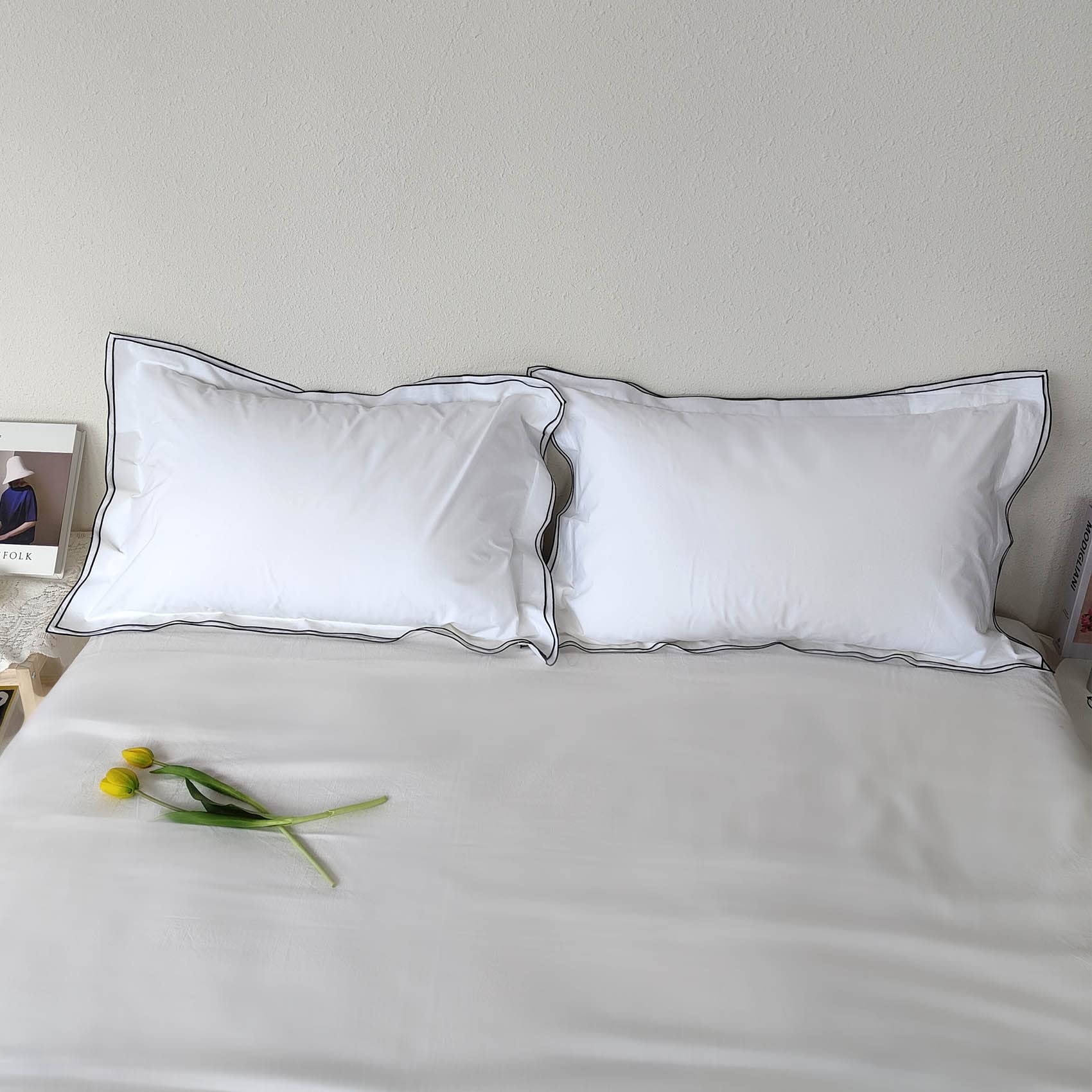 RANZNAZ Set of 2 Elegant Embroidery Pillowcases, Queen Size, 100% Cotton - White Good Feeling Shams, Elegant Trims, Softer and Breathable Pillow Covers, 20x30 inches