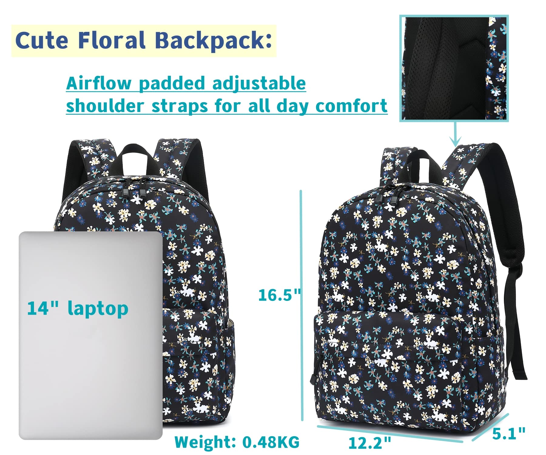 Leaper Travel Backpack for Women Girls Water Resistant Backpack for School Laptop Backpack Kids Backpack Kawaii Bookbag Floral Black White Flower