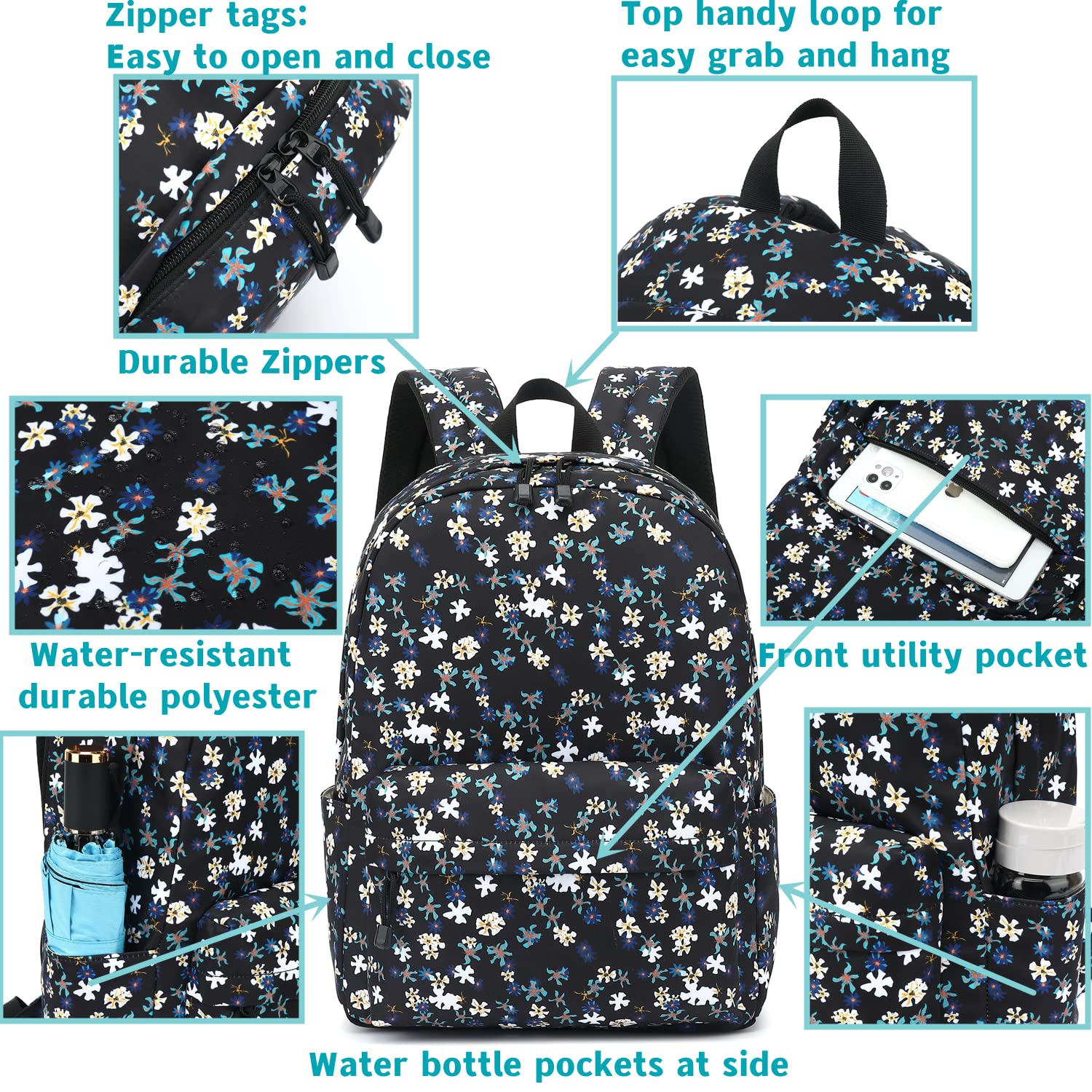 Leaper Travel Backpack for Women Girls Water Resistant Backpack for School Laptop Backpack Kids Backpack Kawaii Bookbag Floral Black White Flower