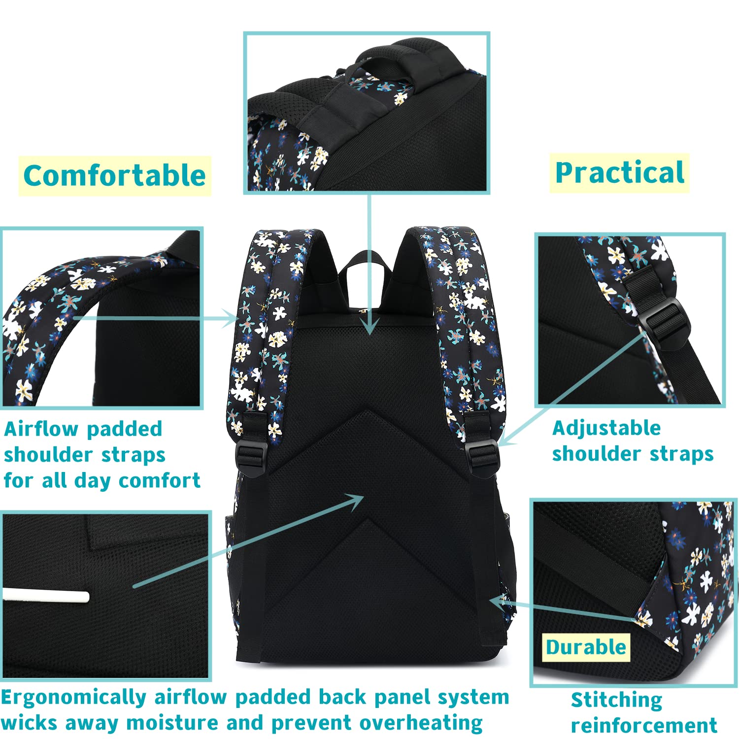 Leaper Travel Backpack for Women Girls Water Resistant Backpack for School Laptop Backpack Kids Backpack Kawaii Bookbag Floral Black White Flower