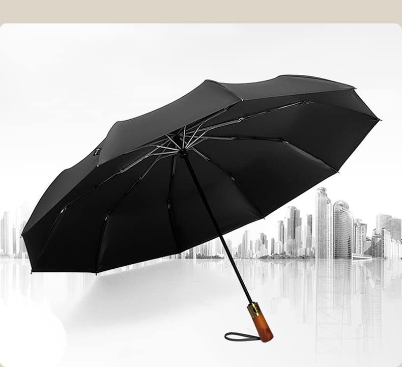 Karnado Large Black Umbrella for Men and Women - Waterproof, Windproof, Portable Folding Umbrella with Luxury Wood Handle