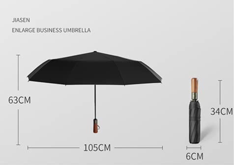 Karnado Large Black Umbrella for Men and Women - Waterproof, Windproof, Portable Folding Umbrella with Luxury Wood Handle