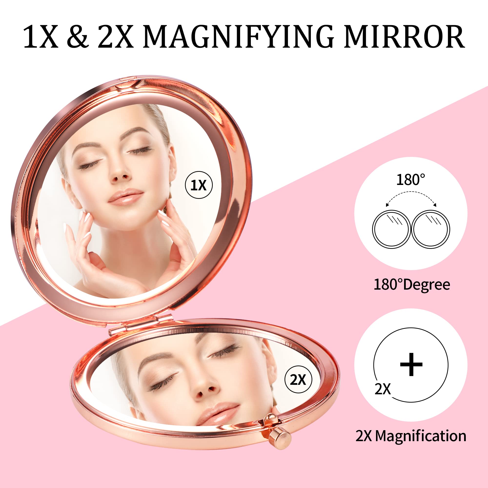 Dynippy Compact Mirror Round Rose Gold Cosmetic Mirror Folding Mini Pocket Mirror Portable Hand Mirror Double Sided Curved 2 x 1x Magnification Woman Mother Child Great Gift - Rose Gold