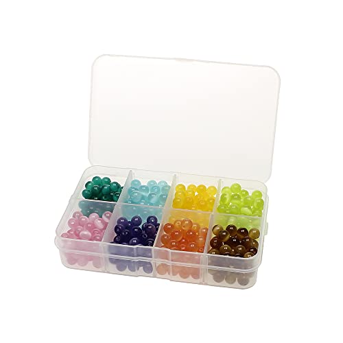 400pcs 6mm Stone Beads Kit Round Loose Gemstone Black Green Light Blue Yellow Fruit Green Pink Purple Orange Brown Cat's Eye Stone Bead for Bracelet Necklace Earrings Jewelry Making