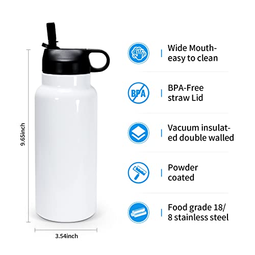 AGH 32 oz Sublimation Water Bottle Blanks, 8 Pack Double Wall Vacuum Flask Stainless Steel Sublimation Tumbler blank Sports Wide Mouth Water Bottle with Straw and Portable Handle