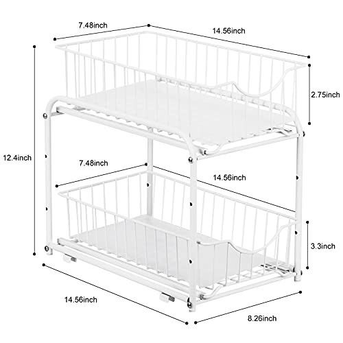 LIANTRAL 2 Tier Under Cabinet Organizer with Sliding Storage Drawer, Pull Out Cabinets Organizer Shelf, Multi-purpose Stackable Bathroom Sink Organizer Cabinet, White.