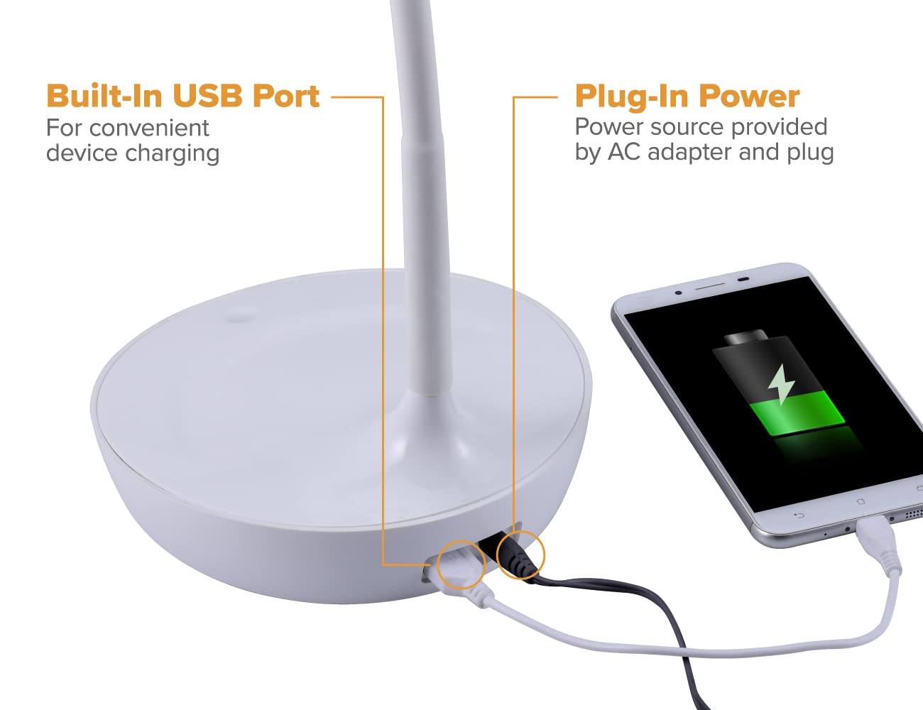 Bostitch Office LED Gooseneck Desk Lamp with USB Charging Port, 3 Dimming Levels, Touch Control, White (VLED1502-WHITE)