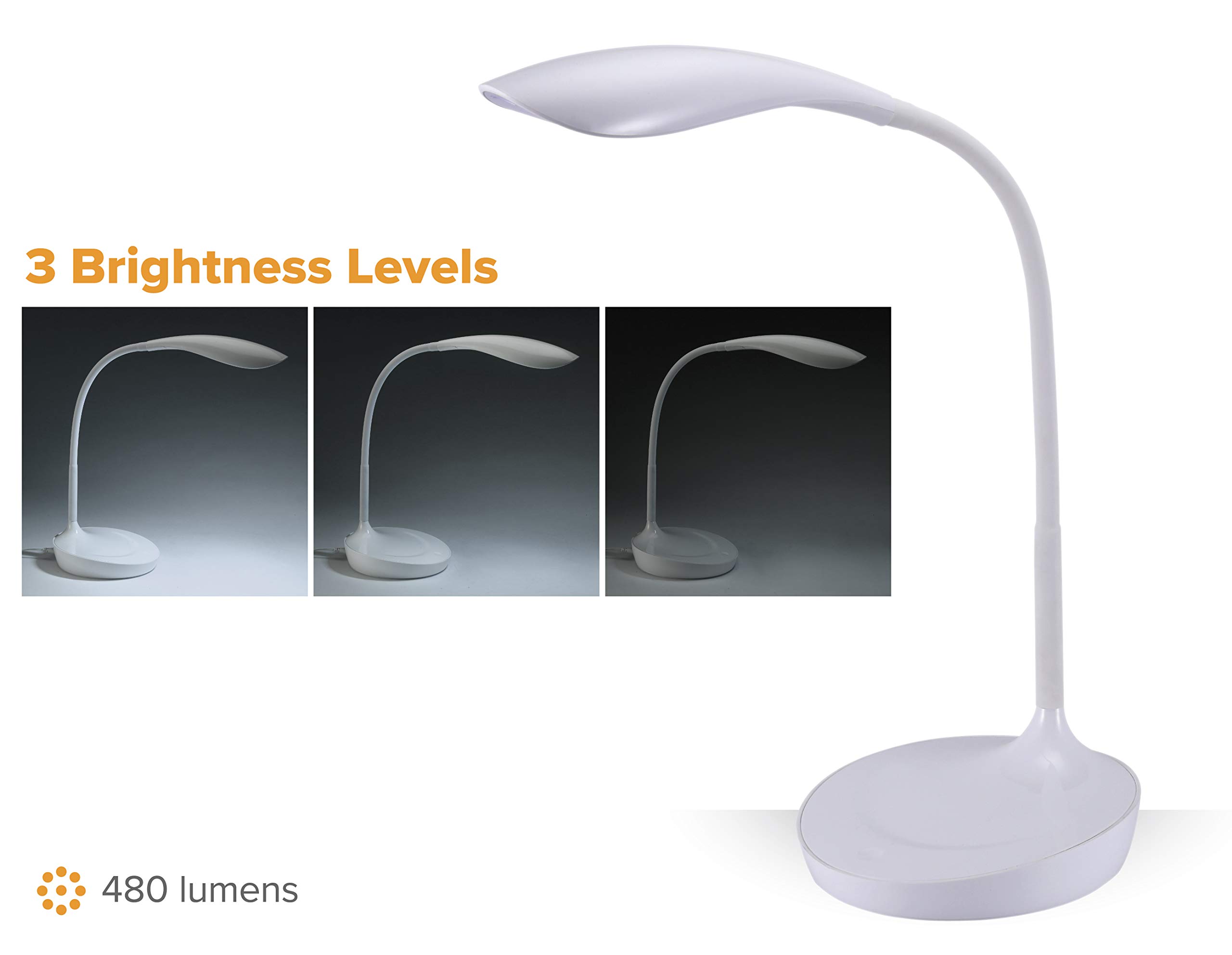 Bostitch Office LED Gooseneck Desk Lamp with USB Charging Port, 3 Dimming Levels, Touch Control, White (VLED1502-WHITE)