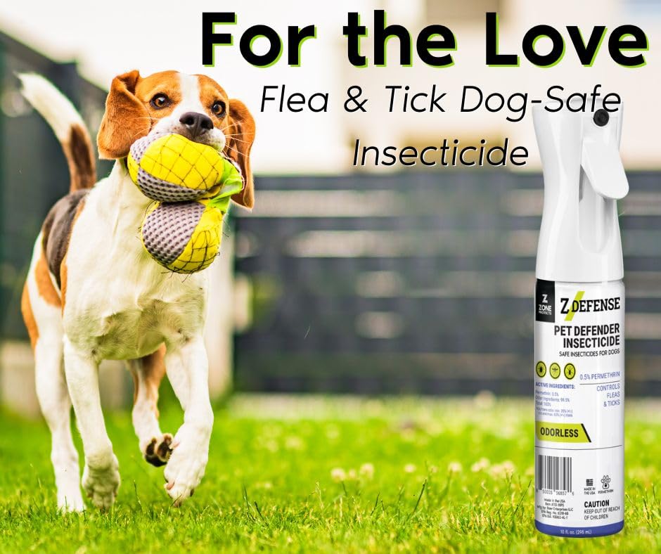Protect Your Dog; Z-Defense Pet Defender Permethrin Insecticide, 10oz Non-Aerosol, Sprays Upside Down. Permethrin 0.5% Kills Ticks, Fleas, Mosquitoes, Spiders, Ants and Other Insects.