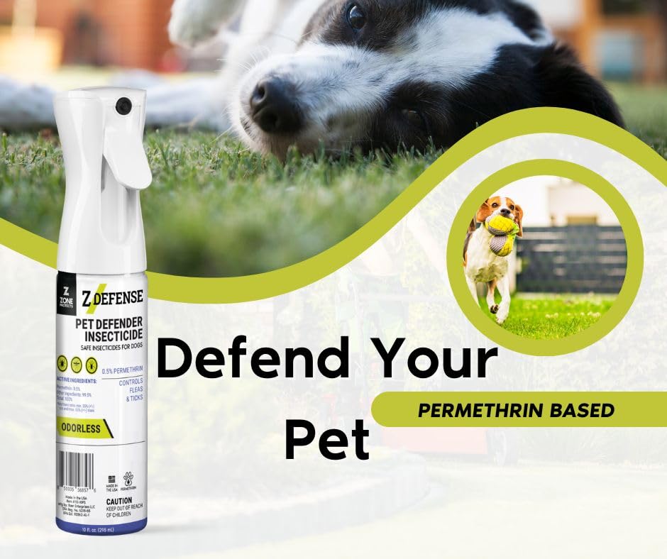 Protect Your Dog; Z-Defense Pet Defender Permethrin Insecticide, 10oz Non-Aerosol, Sprays Upside Down. Permethrin 0.5% Kills Ticks, Fleas, Mosquitoes, Spiders, Ants and Other Insects.
