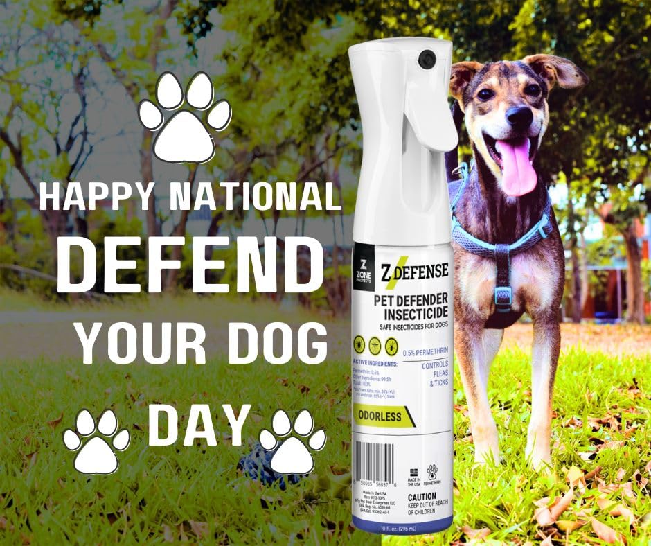 Protect Your Dog; Z-Defense Pet Defender Permethrin Insecticide, 10oz Non-Aerosol, Sprays Upside Down. Permethrin 0.5% Kills Ticks, Fleas, Mosquitoes, Spiders, Ants and Other Insects.
