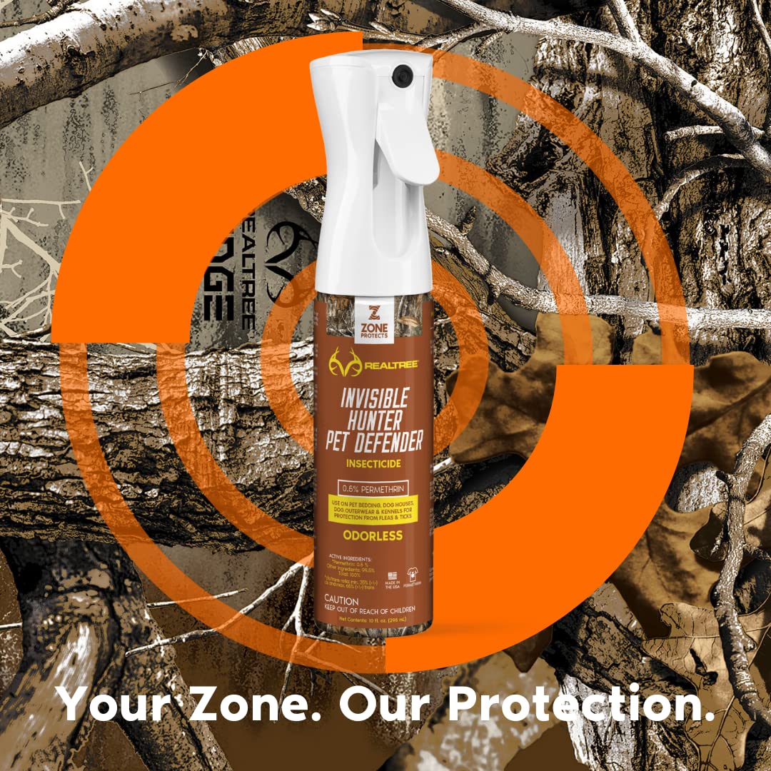 Zone Realtree Invisible Hunter Pet Defender Permethrin Insecticide, 10oz Continuous Permethrin Spray. Protect Your Dogs from Ticks and Fleas. Odor-Free. Lasts 40 Days.