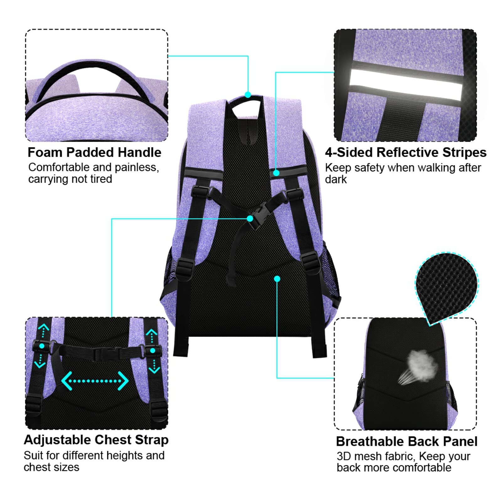 Ombre Purple Glitter Laptop Backpack Backpack Bookbag Travel Bag Casual Daypack With Chest Strap for Boys Girls
