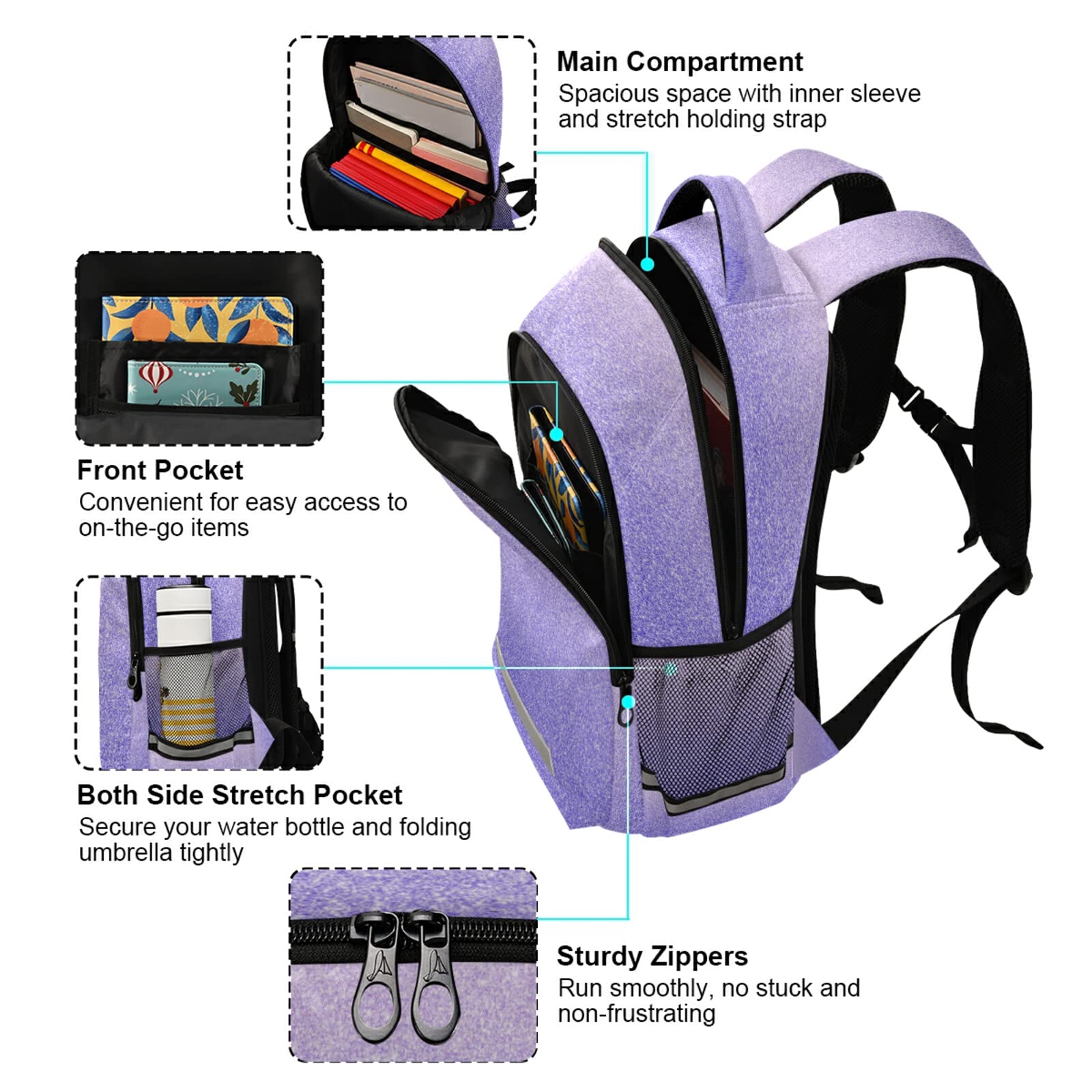 Ombre Purple Glitter Laptop Backpack Backpack Bookbag Travel Bag Casual Daypack With Chest Strap for Boys Girls