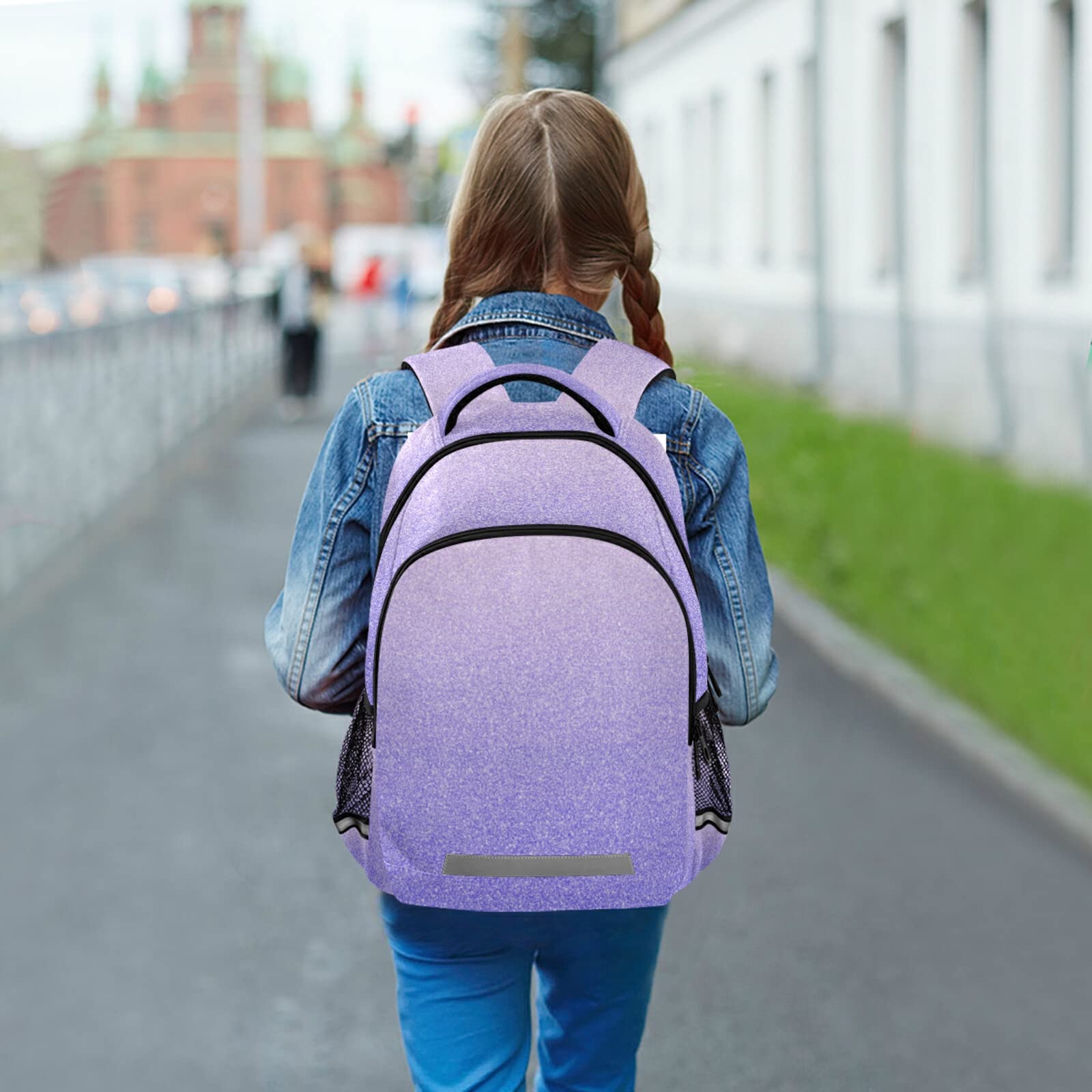 Ombre Purple Glitter Laptop Backpack Backpack Bookbag Travel Bag Casual Daypack With Chest Strap for Boys Girls