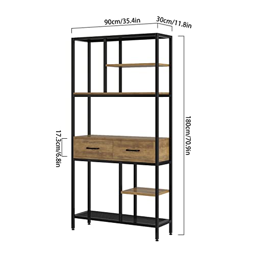 HITHOS Bookshelf, Tall Bookcase with 2 Drawers and Storage Shelves, Industrial Etagere Bookcase Book Shelves for Office, Living Room, Rustic Brown