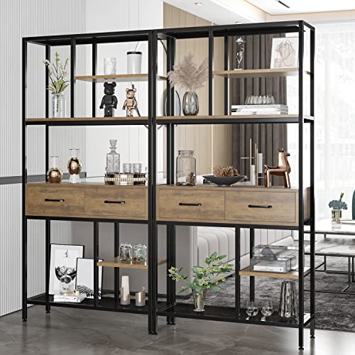 HITHOS Bookshelf, Tall Bookcase with 2 Drawers and Storage Shelves, Industrial Etagere Bookcase Book Shelves for Office, Living Room, Rustic Brown