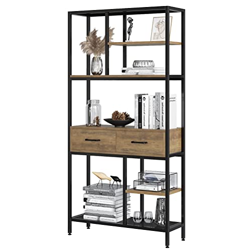 HITHOS Bookshelf, Tall Bookcase with 2 Drawers and Storage Shelves, Industrial Etagere Bookcase Book Shelves for Office, Living Room, Rustic Brown