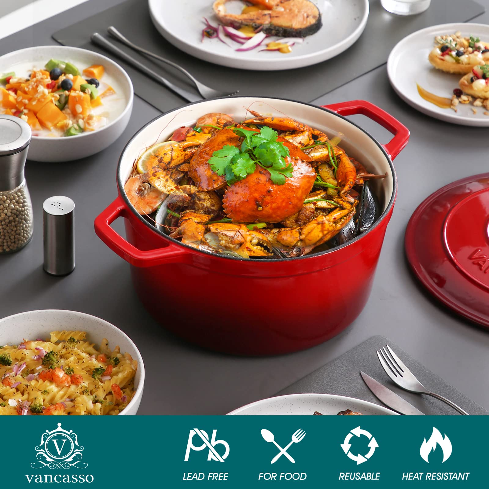 vancasso Enameled Cast Iron Dutch Oven, 7.5 QT Dutch Oven Pot with Lid,Round Enamel Dutch Oven for Bread Baking, Non Stick Enamel Coating, Pot's Body Cast Iron, Good Sealing, for All Heat Source