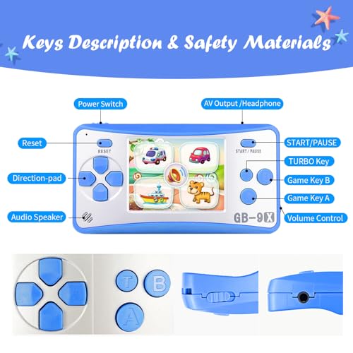 JJFUN Mini Handheld Games for Kids Portable Retro Video Game Player Built-in 168 Classic Games 2.5 inches LCD Screen Arcade Gaming System Xmas Present for Boys Girls Ages 4-12 (Blue+Silver)