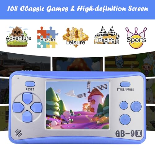 JJFUN Mini Handheld Games for Kids Portable Retro Video Game Player Built-in 168 Classic Games 2.5 inches LCD Screen Arcade Gaming System Xmas Present for Boys Girls Ages 4-12 (Blue+Silver)