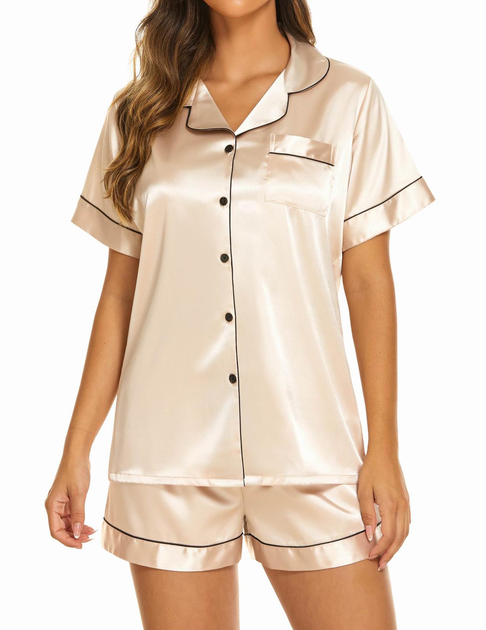 Ekouaer Womens Pajama Sets 2 Piece Silk Pjs Short Sleeve Sleepwear Satin Button Down Nightwear Lounge Shorts Set,Champagne,Large
