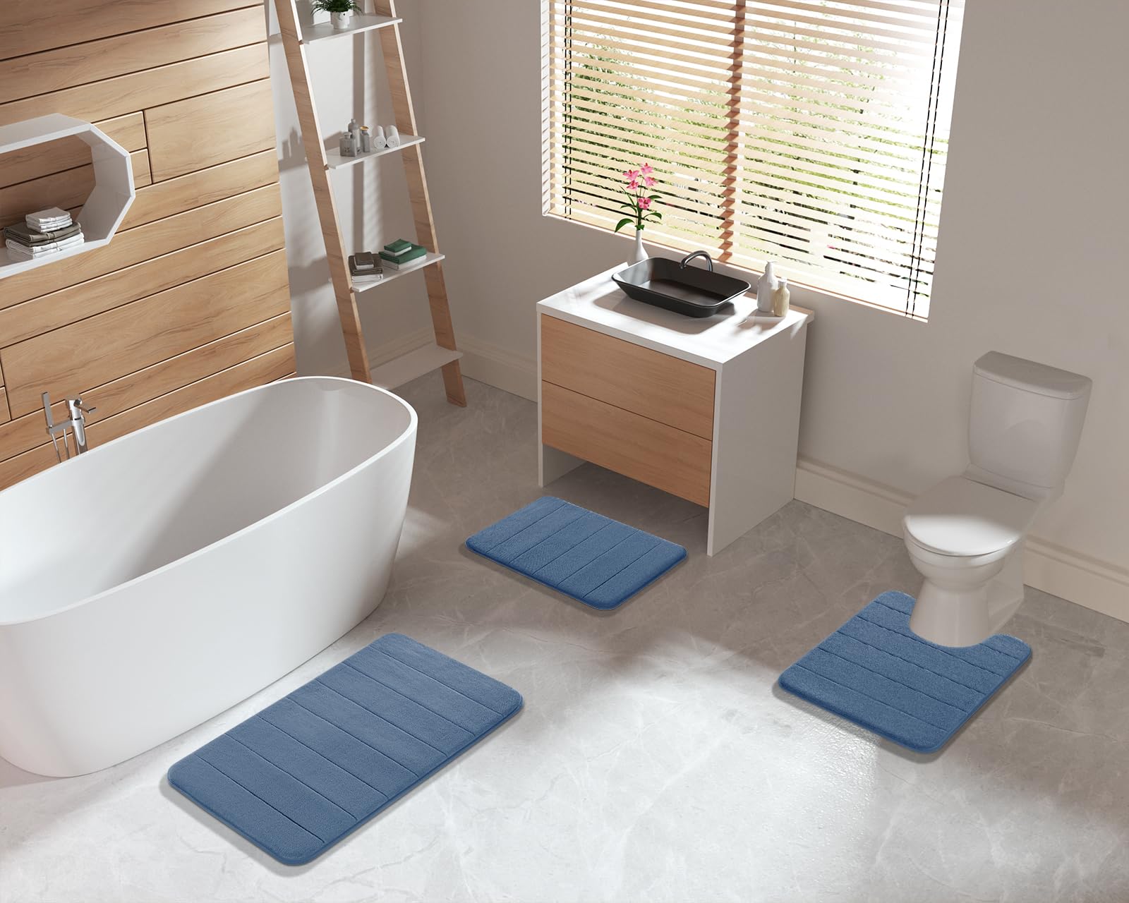 Yimobra Memory Foam Bath Mat Set, 2 Piece Soft Bathroom Rugs,17x24 and 24x20.4 U-Shaped Bathroom Rugs, Toilet Mat, Water Absorption, Non Slip, Thick, Dry Fast for Bathroom Floor Mat, Denim Blue