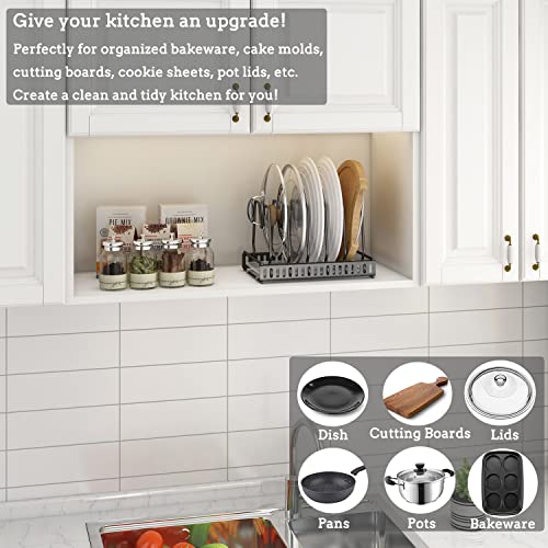 Pot Organizer Rack for Under Cabinet, Kitchen Pot and Pan Organizer Rack Holder with 1 Drip Pan & 7 Dividers Adjustable Pot Lid Organizer for Cabinet, Bakeware, Cookie Sheet and Cutting Board (Black)