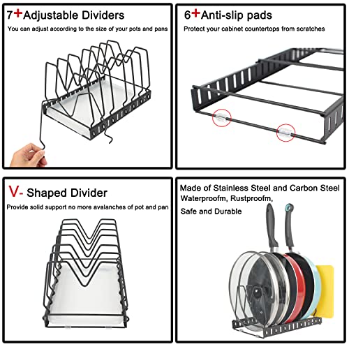 Pot Organizer Rack for Under Cabinet, Kitchen Pot and Pan Organizer Rack Holder with 1 Drip Pan & 7 Dividers Adjustable Pot Lid Organizer for Cabinet, Bakeware, Cookie Sheet and Cutting Board (Black)