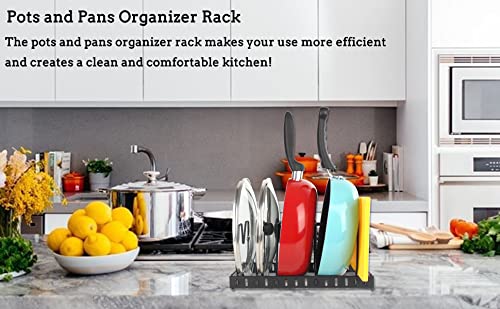 Pot Organizer Rack for Under Cabinet, Kitchen Pot and Pan Organizer Rack Holder with 1 Drip Pan & 7 Dividers Adjustable Pot Lid Organizer for Cabinet, Bakeware, Cookie Sheet and Cutting Board (Black)