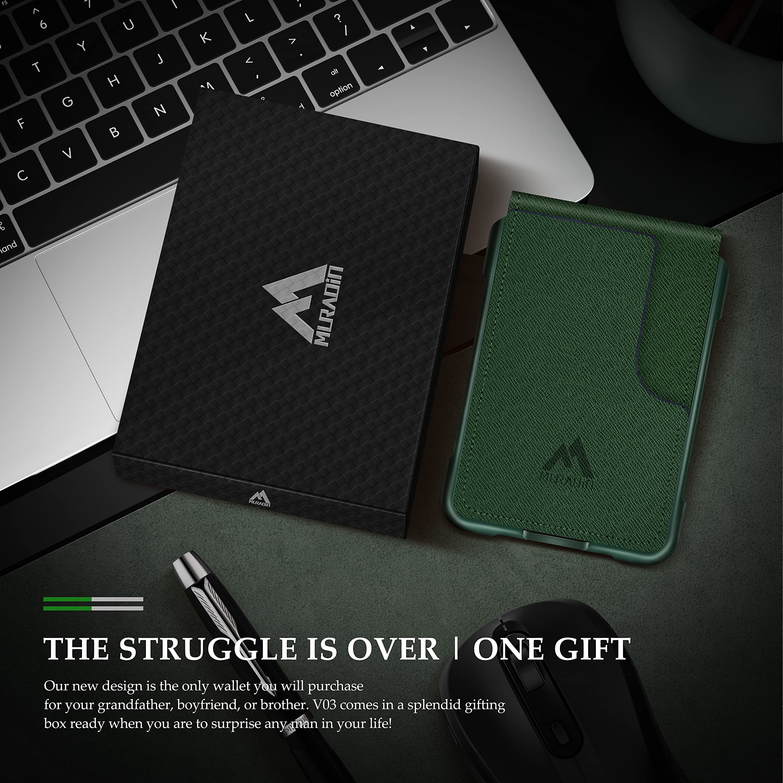 MURADIN Mens Wallet Tactical Bifold Wallets for Men Metal RFID Blocking Aluminum Money Cards Holder Gifts for Men (Saffiano Green)