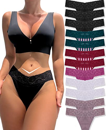 Knowyou 12/6 Pack Cotton Thongs for Women Sexy V-waist Lace Women’s Underwear Breathable No Show T-back Tanga Panties