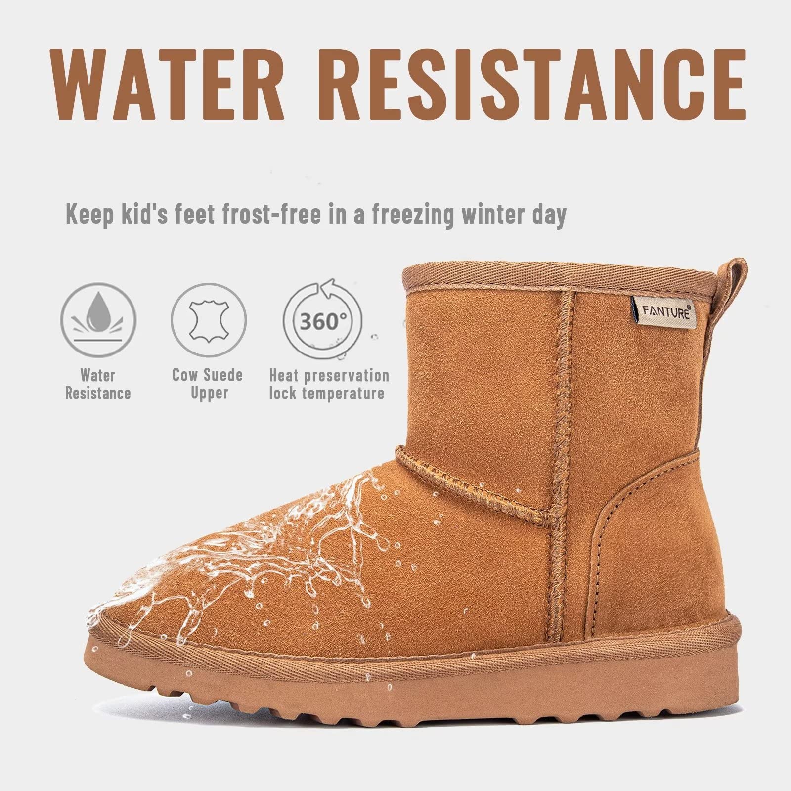 FANTURE Kids Snow Boots Boys Girls Winter Boots Cow Suede Warm Faux Fur Lined Durable Shoes(Little Kid/Big Kid) U422TX902.SA-Tawny-27