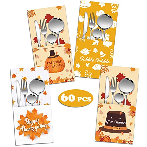 60 Pieces Thanksgiving Utensil Cutlery Holders Give Thanks Cutlery Pouch Holder Cutlery Wraps Bag Silverware Pouch Bags for Autumn Fall Harvest Party Dinner Tableware Centerpiece Table Decor