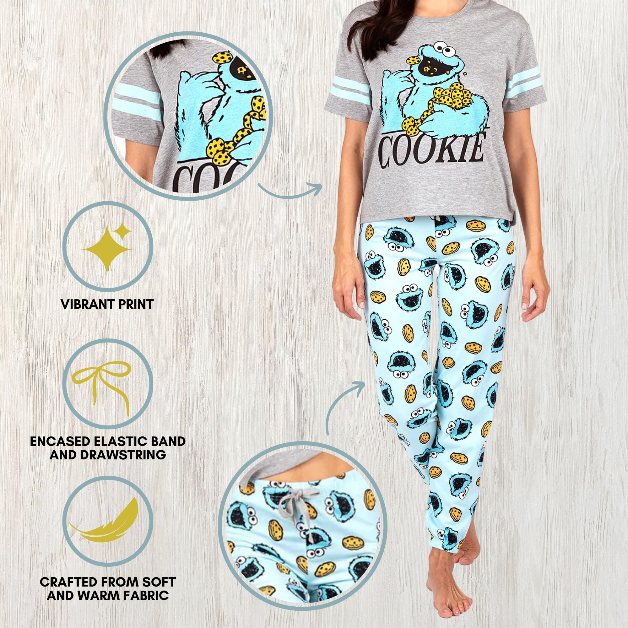 Prestigez Cookie Monster Women's Pajama 2 piece Set, includes Tee and Sleep Pants, Gray/Blue, Size Medium