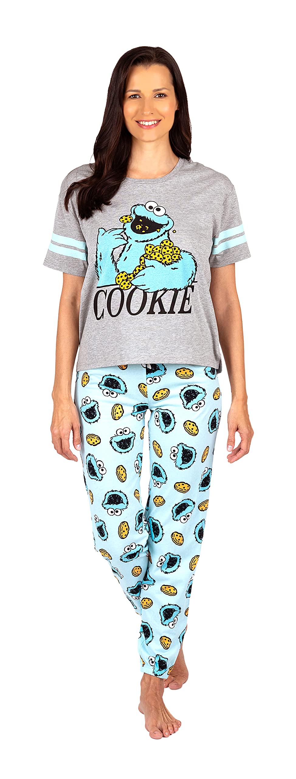 Prestigez Cookie Monster Women's Pajama 2 piece Set, includes Tee and Sleep Pants, Gray/Blue, Size Medium