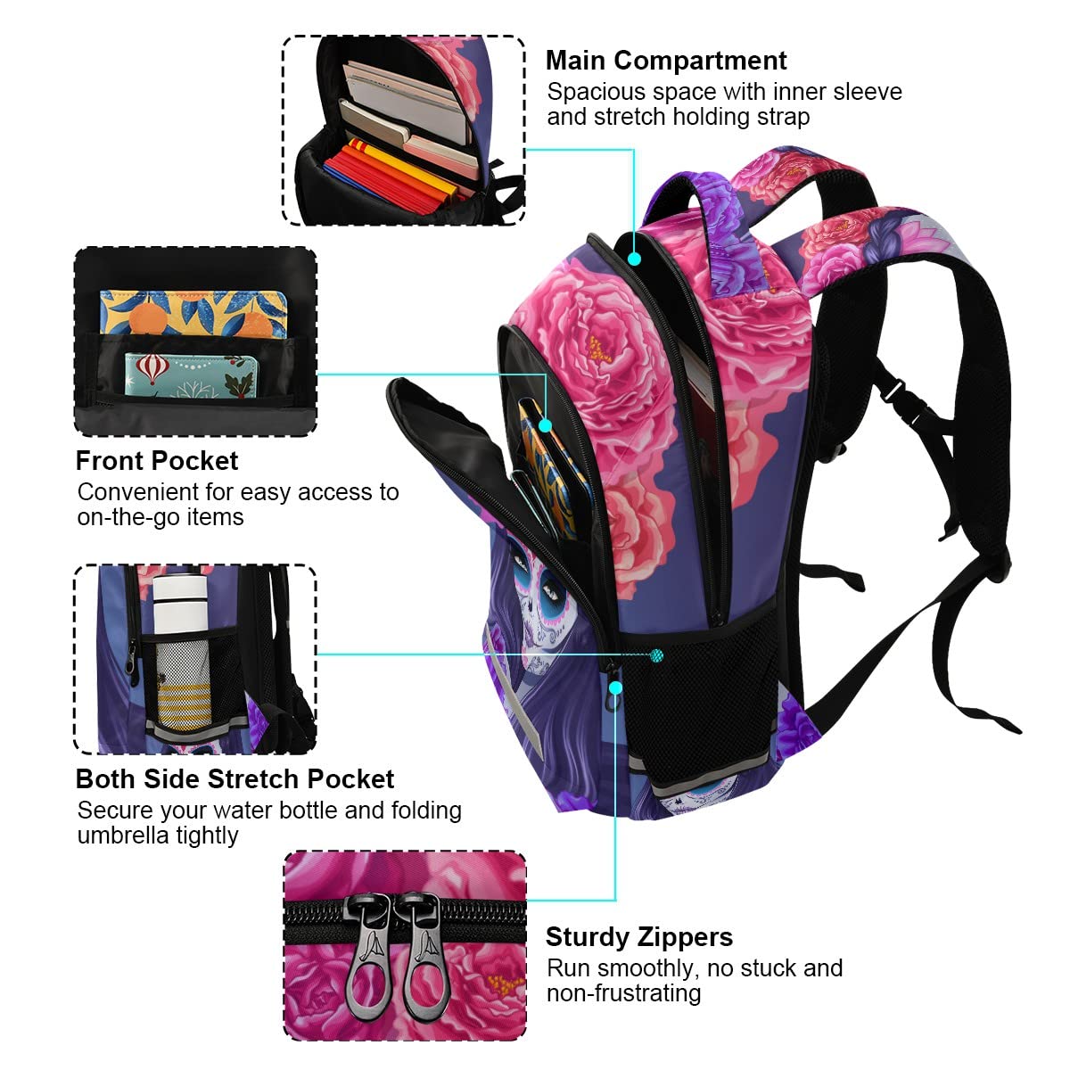 ALAZA Day Of Dead Sugar Skull Backpack Purse for Women Men Personalized Laptop Notebook Tablet School Bag Stylish Casual Daypack, 13 14 15.6 inch